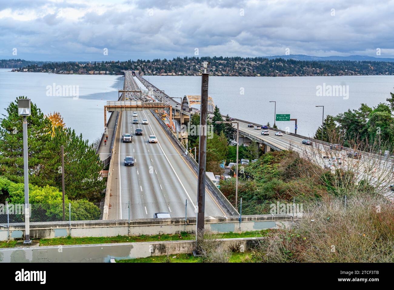 A view of highway bridges spanning Lake Washington in Seattle Stock ...