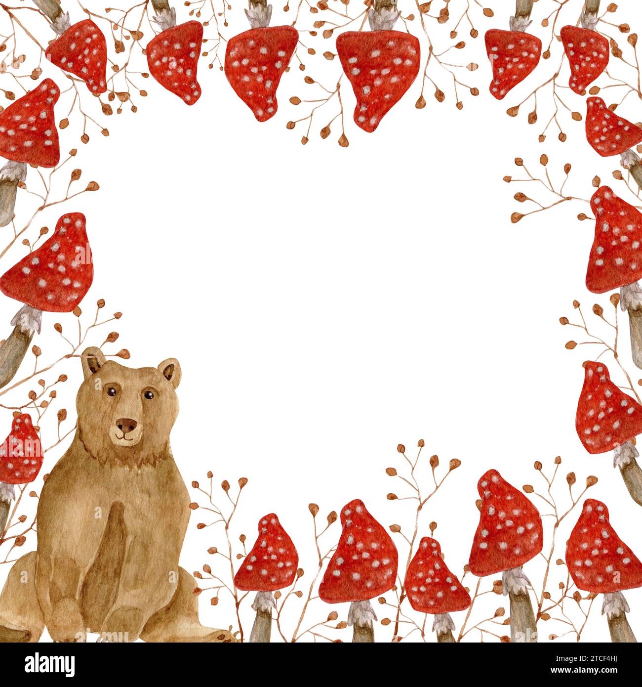 Watercolor frame with a bear and fly agarics, dry forest twigs, dried ...