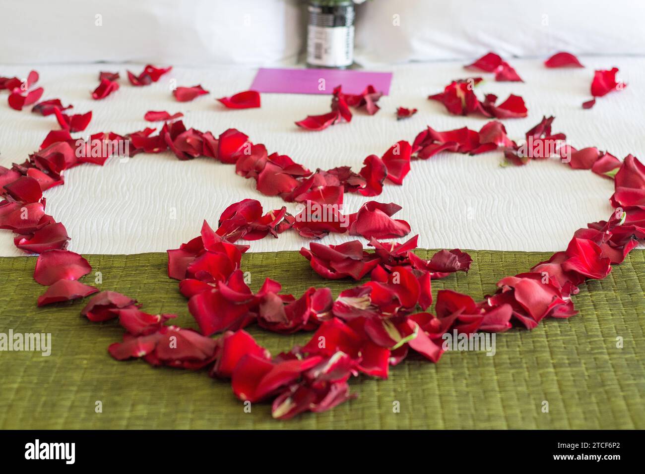 A white bed with rose petals arranged in a heart shape on the bedspread ...