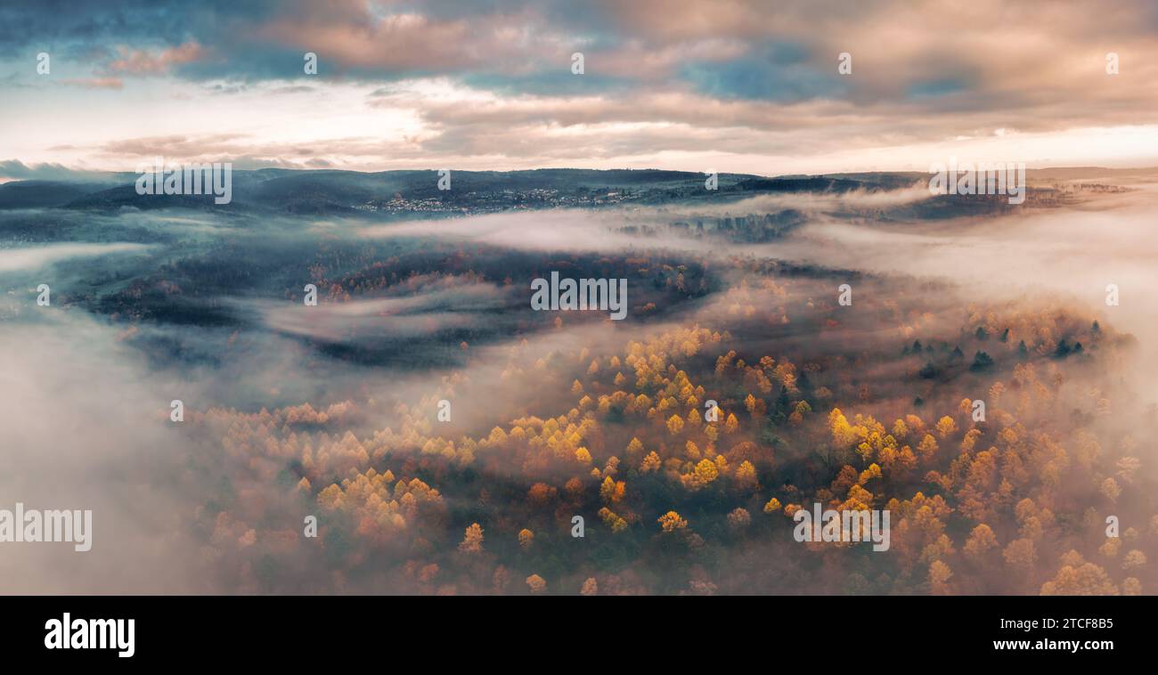 Aerial panorama with atmospheric fog creating a magical and painterly ...