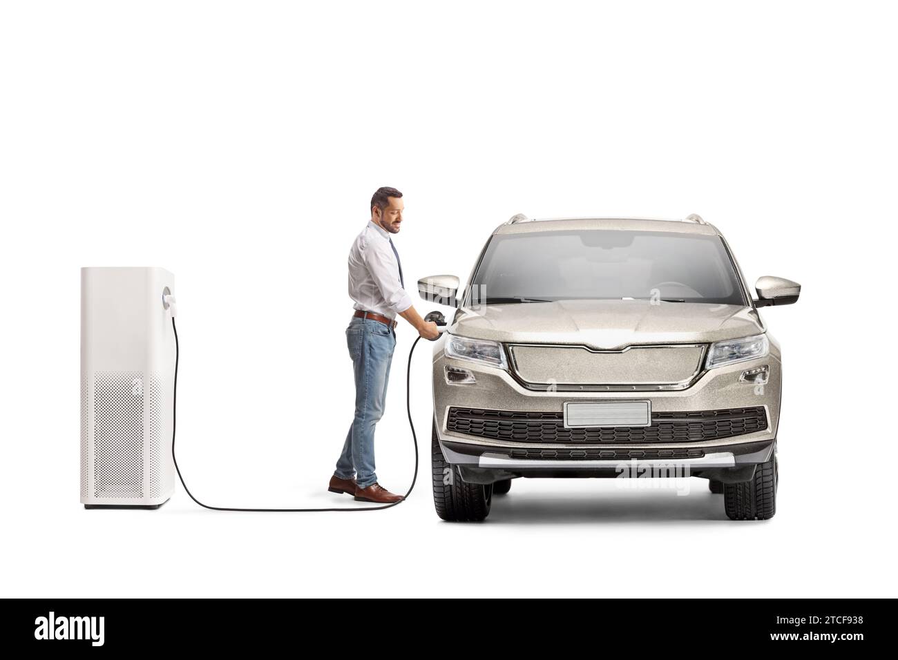 Man plugging a SUV at an electric charging station isolated on white ...