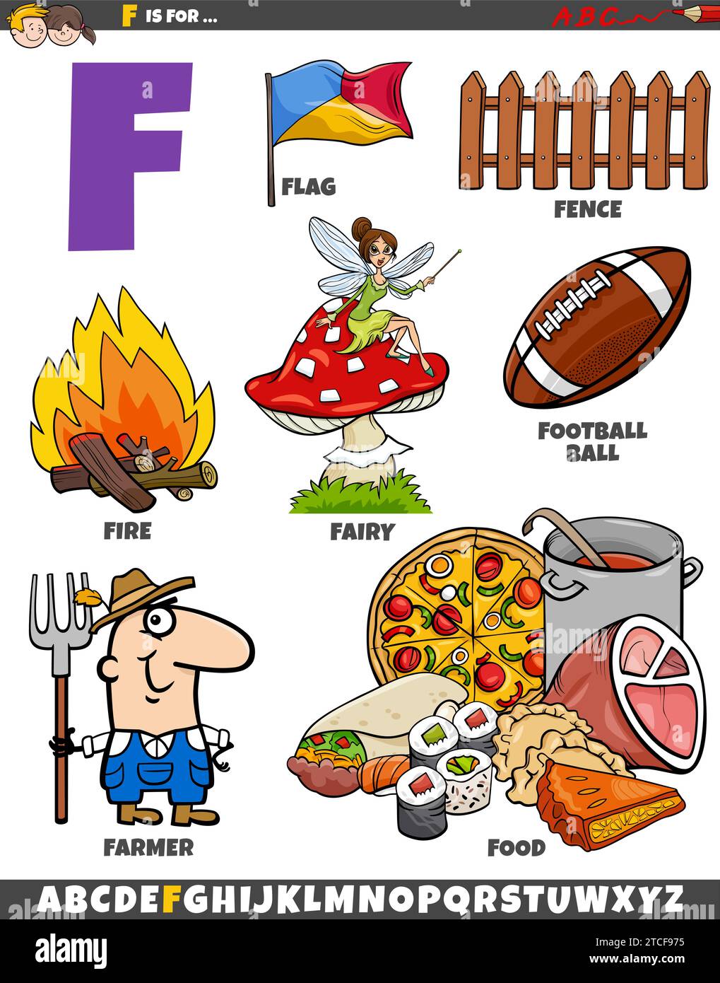 Cartoon illustration of objects and characters set for letter F Stock ...