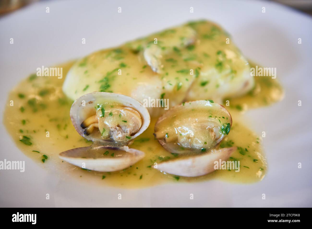 View of the typical basque country dish, Hake with Clams and Kokotxas ...