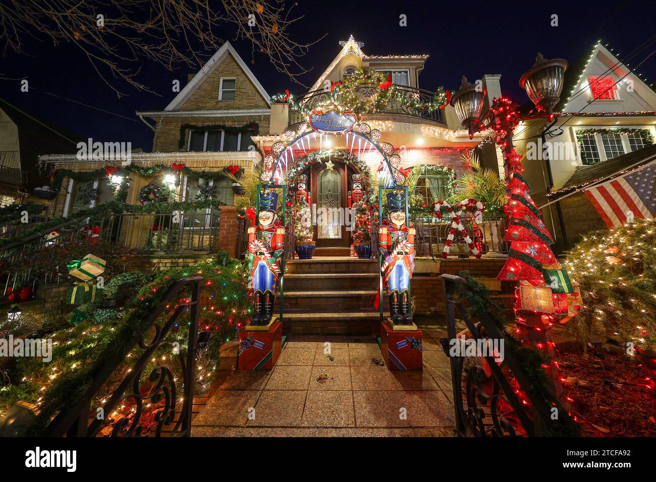 Holiday lights and decorations adorn a home in the Dyker Heights ...
