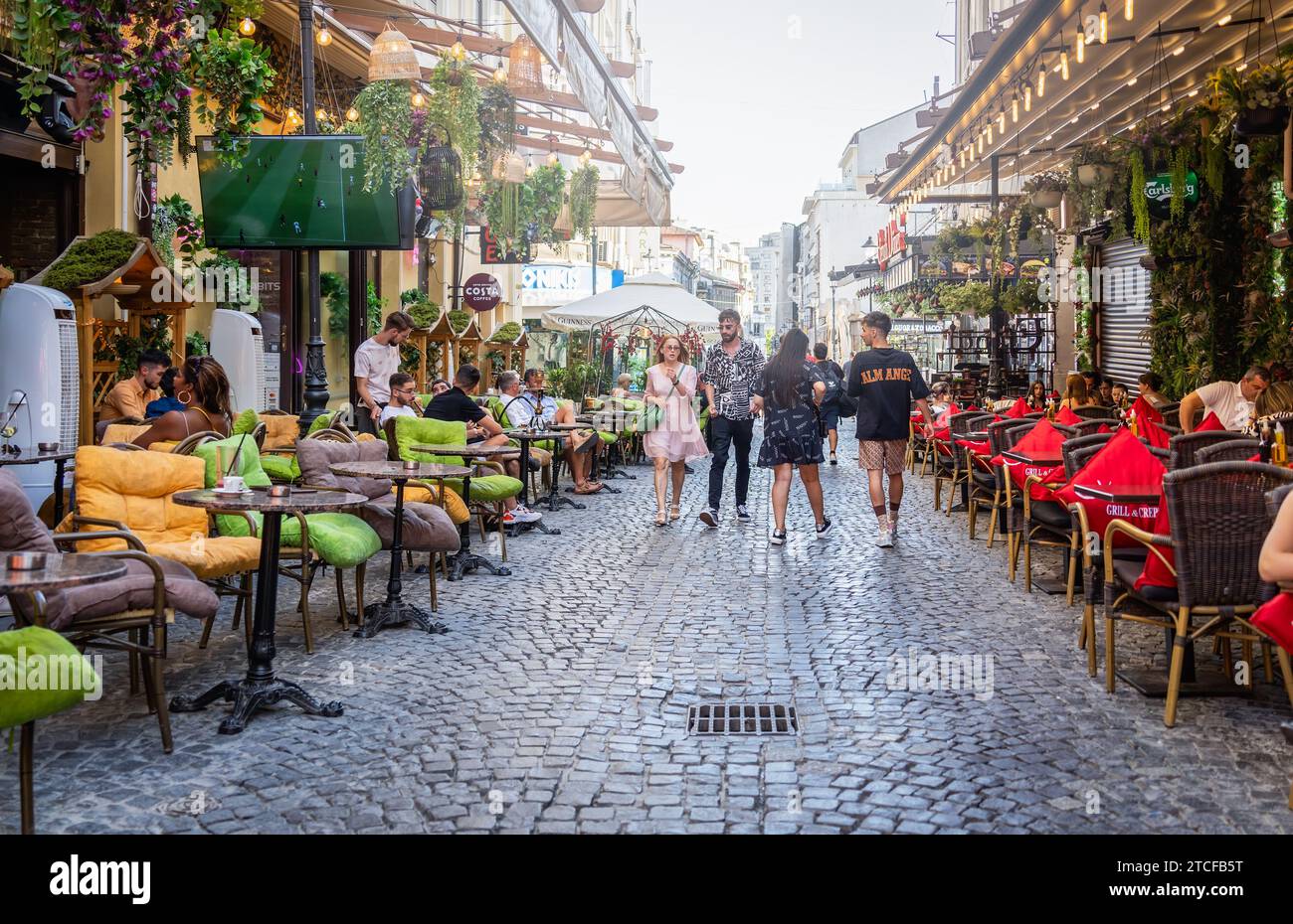 Bucharest, Romania - August 17 2023: Pedestrian area with outdoor ...