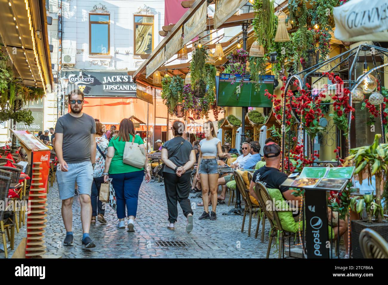 Bucharest, Romania - August 17 2023: Pedestrian area with outdoor ...