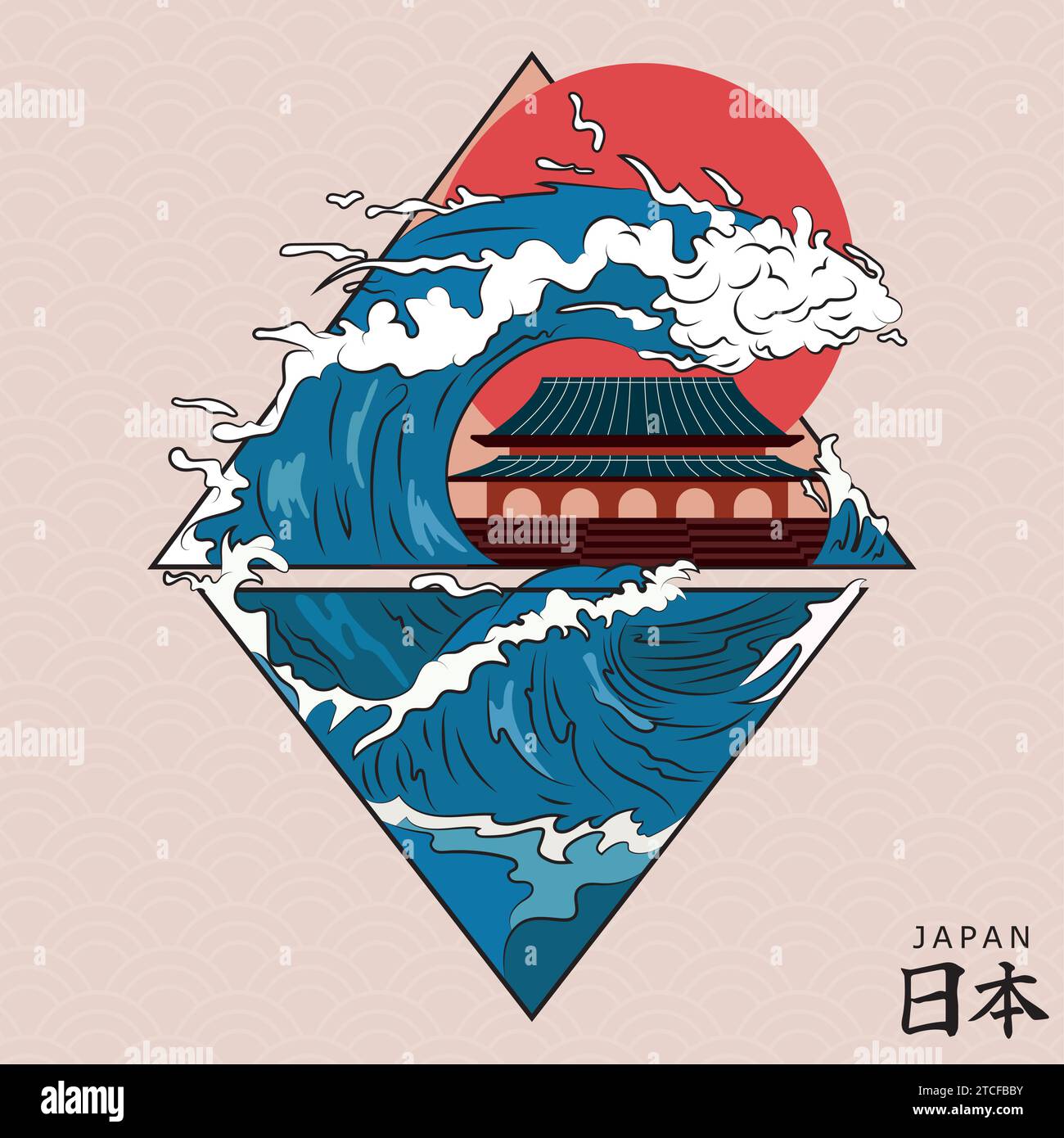 Colored traditional japanese art with wave and temple Vector Stock ...