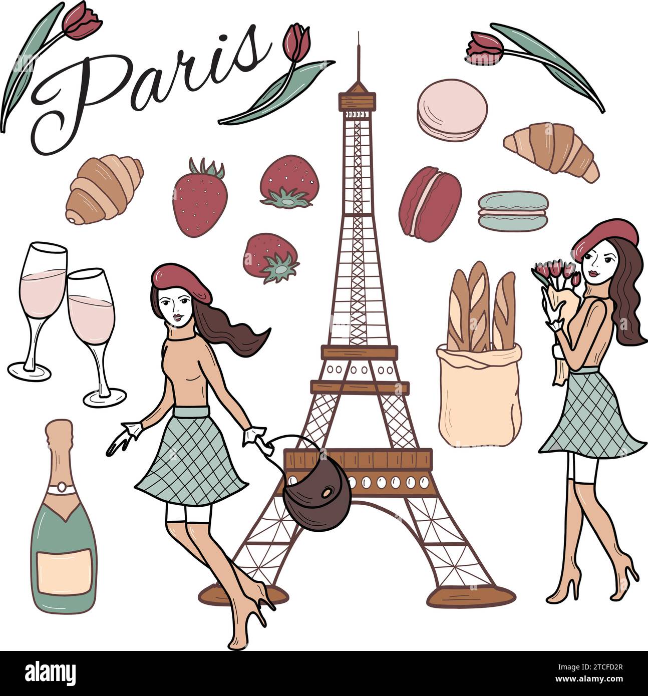 Hand drawn icon set with Paris symbols. Paris vintage style flat vector ...