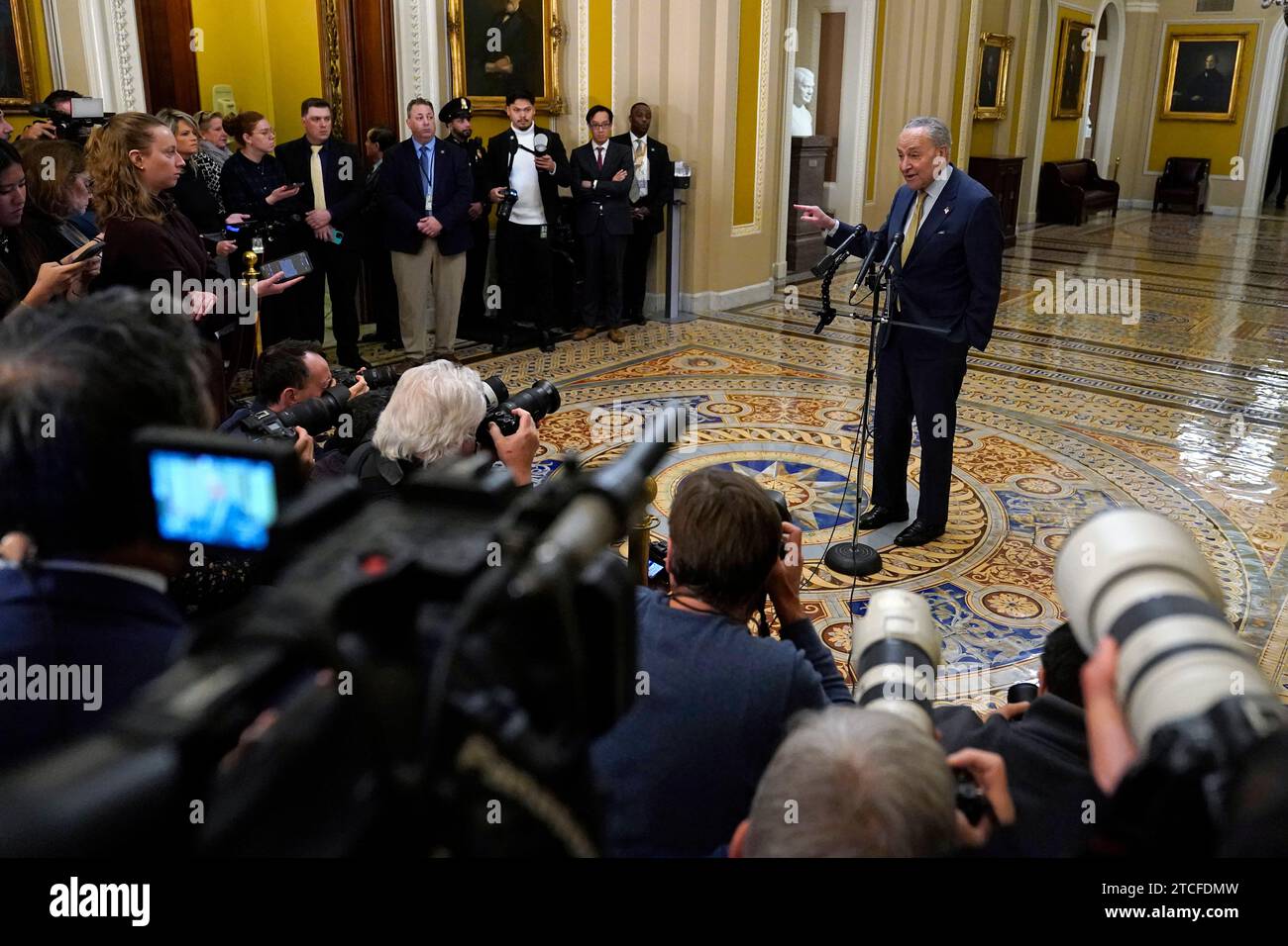 Senate Majority Leader Chuck Schumer of N.Y., speaks with reporters ...