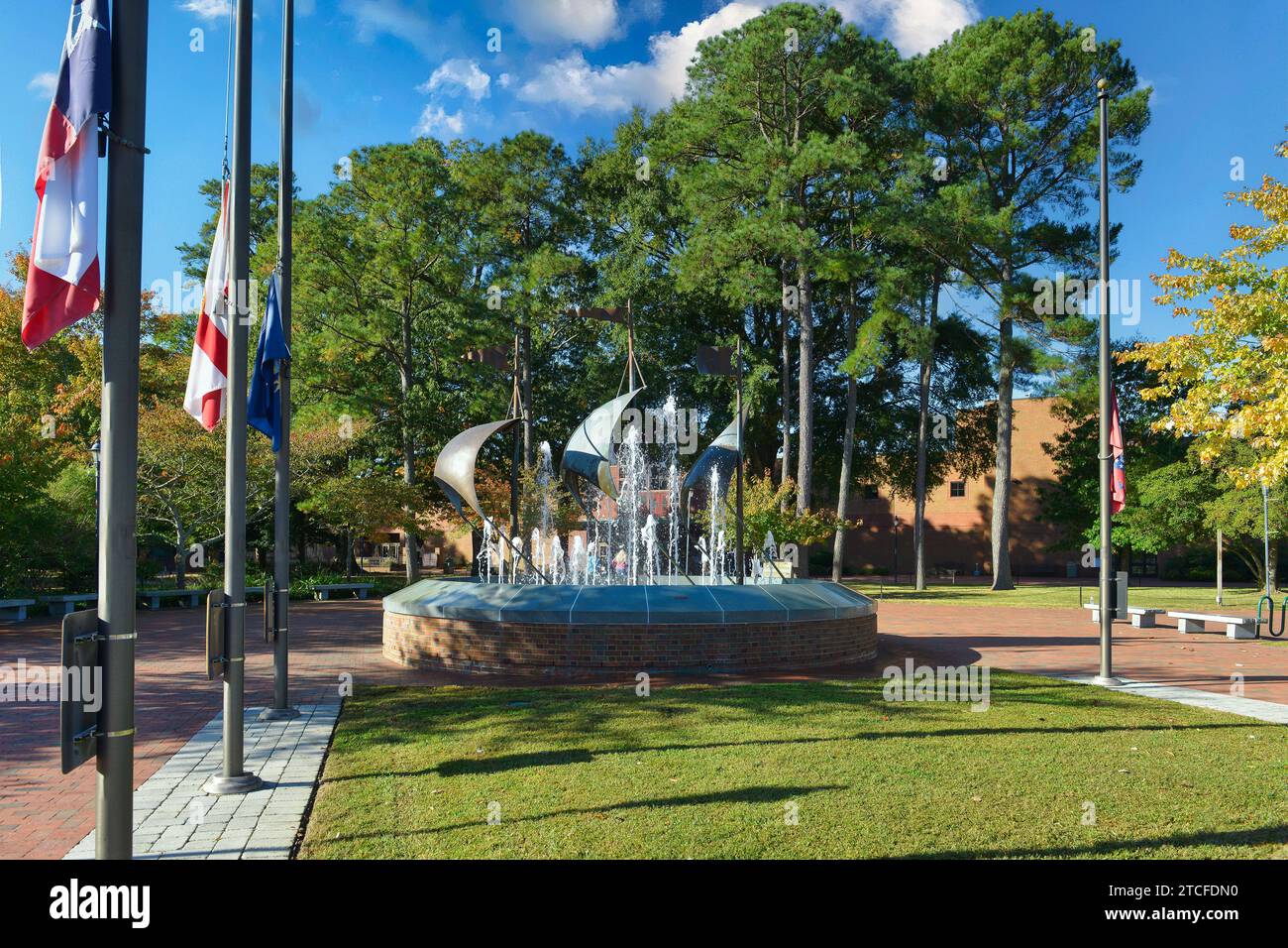 The Living History Museum entrance fountain at the Jamestown Settlement ...