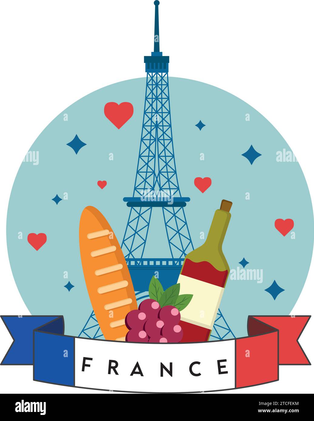 Isolated eiffel tower landmark with bread and wine France poster Vector ...