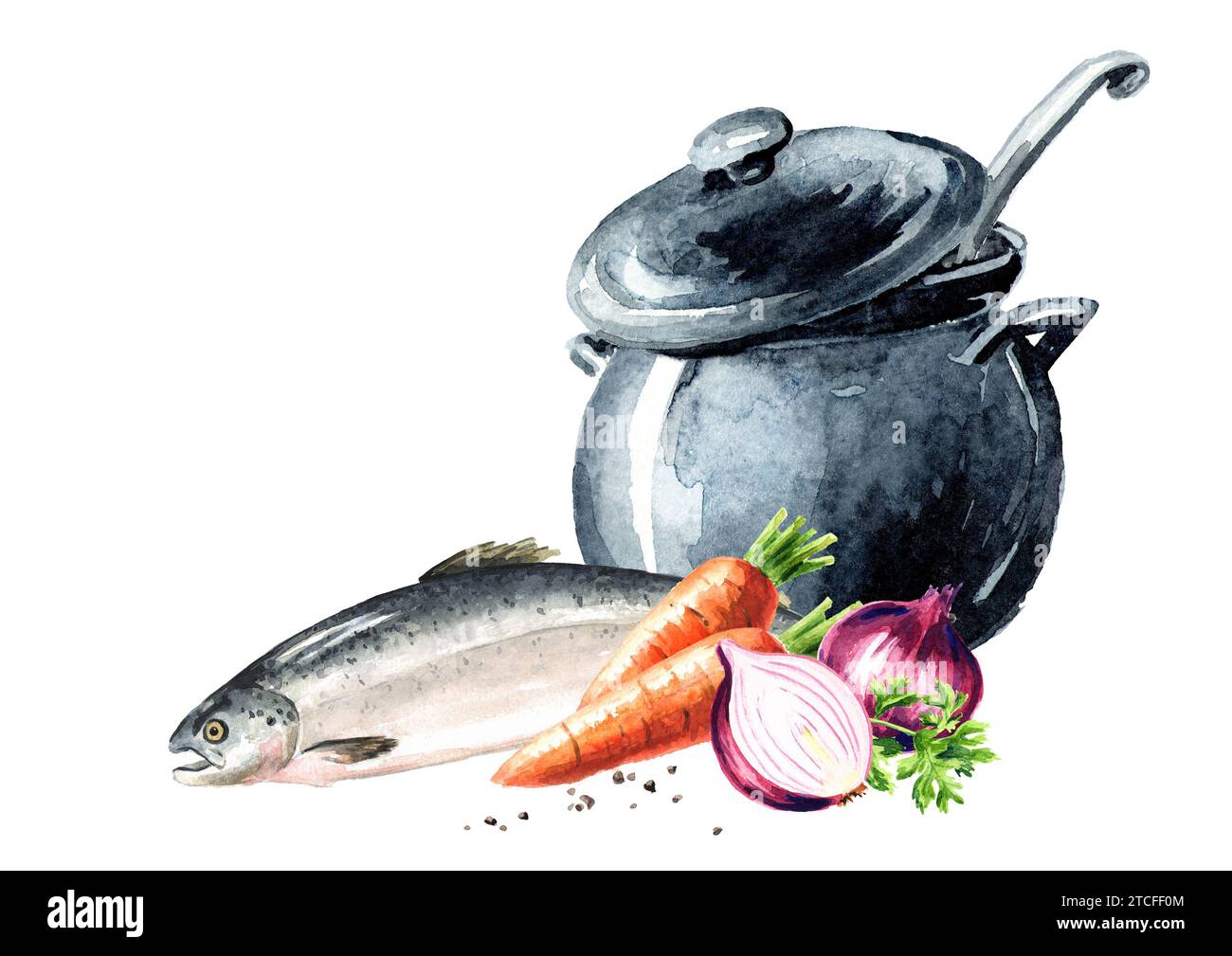 Fresh salmon, vegetables for fish soup and a pot of broth. Watercolor ...