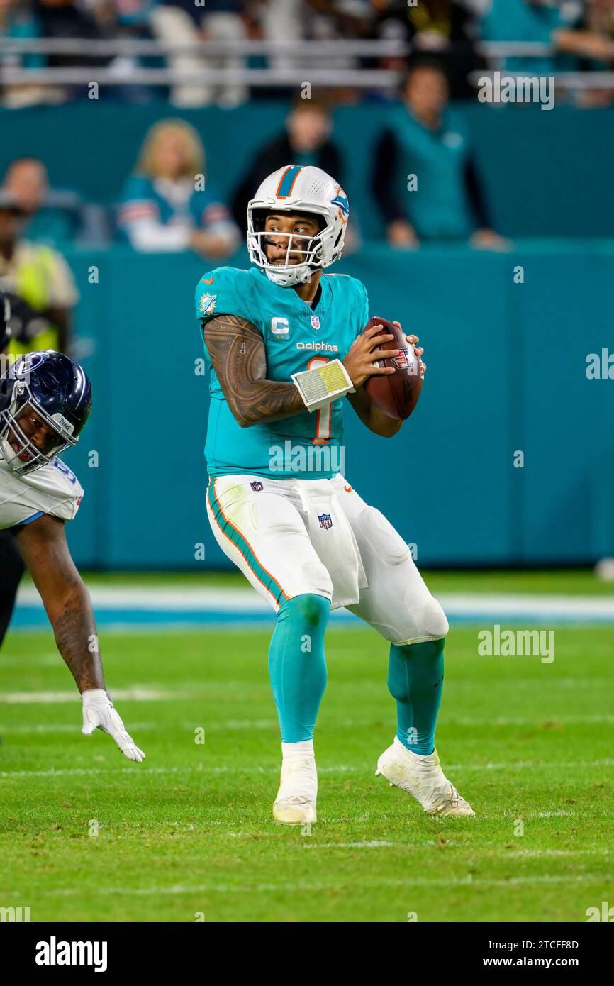Miami Dolphins quarterback Tua Tagovailoa (1) looks to throw the balll ...