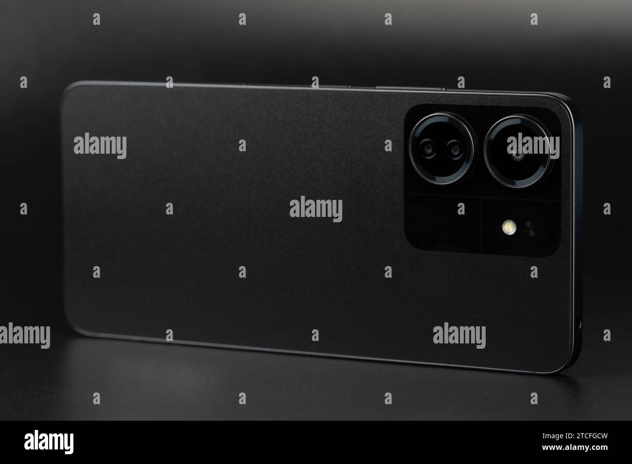 Black smartphone with camera set rear view in horizontal view Stock ...