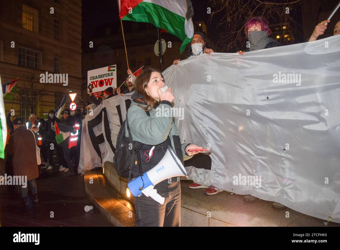 London, UK. 12th December 2023. Pro-Palestine protesters gather outside ...