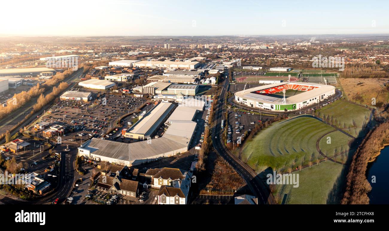 LAKESIDE, DONCASTER, UK - DECEMBER 6, 2023. An aerial view of the ...