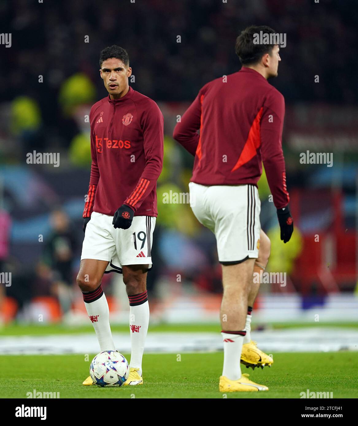 Manchester United's Raphael Varane warms up before the UEFA Champions ...
