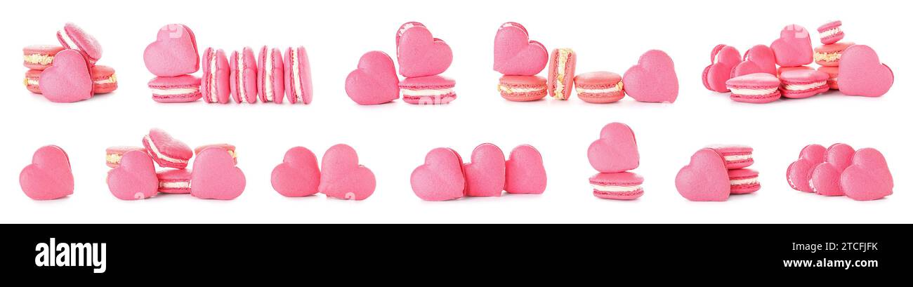 Set of many sweet heart-shaped macarons on white background Stock Photo ...