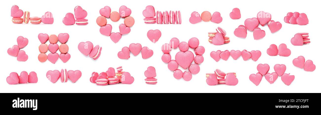 Set of many sweet heart-shaped macarons on white background Stock Photo ...