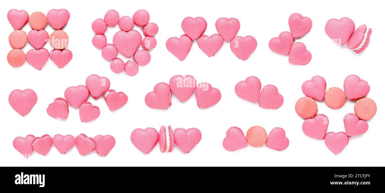 Set of many sweet heart-shaped macarons on white background, flat lay ...