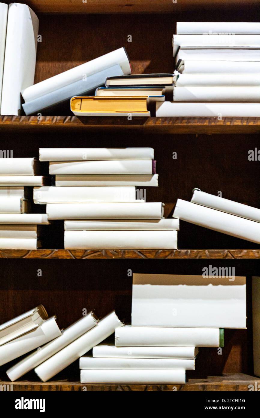 Blank white books stacked on a bookshelf Stock Photo - Alamy