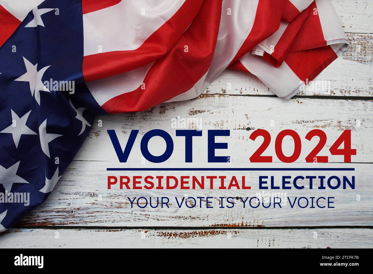 Vote 2024, Presidential Election with USA American flag on wooden ...