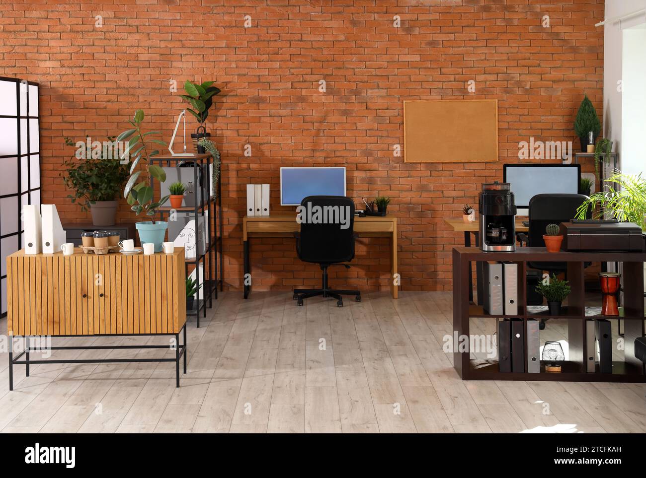 Interior of modern office with coffee machine and workplaces Stock ...