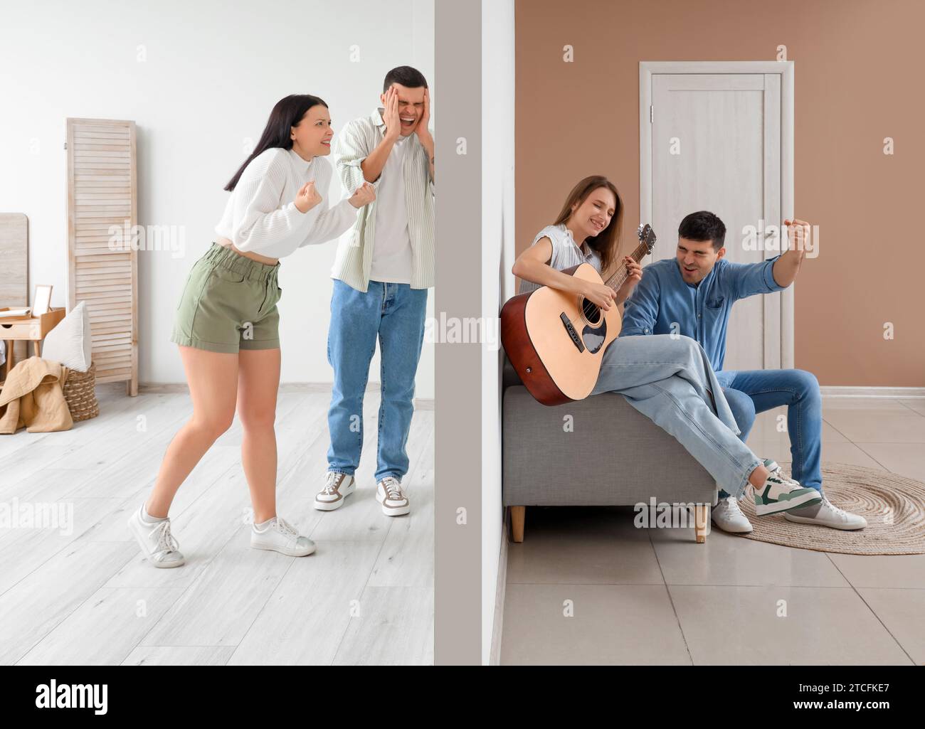 Young couple suffering from loud neighbours singing at home Stock Photo ...