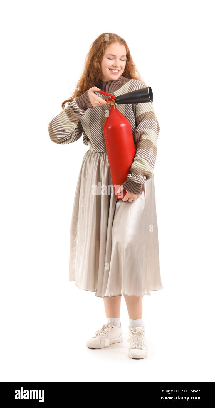 Beautiful woman with fire extinguisher on white background Stock Photo ...