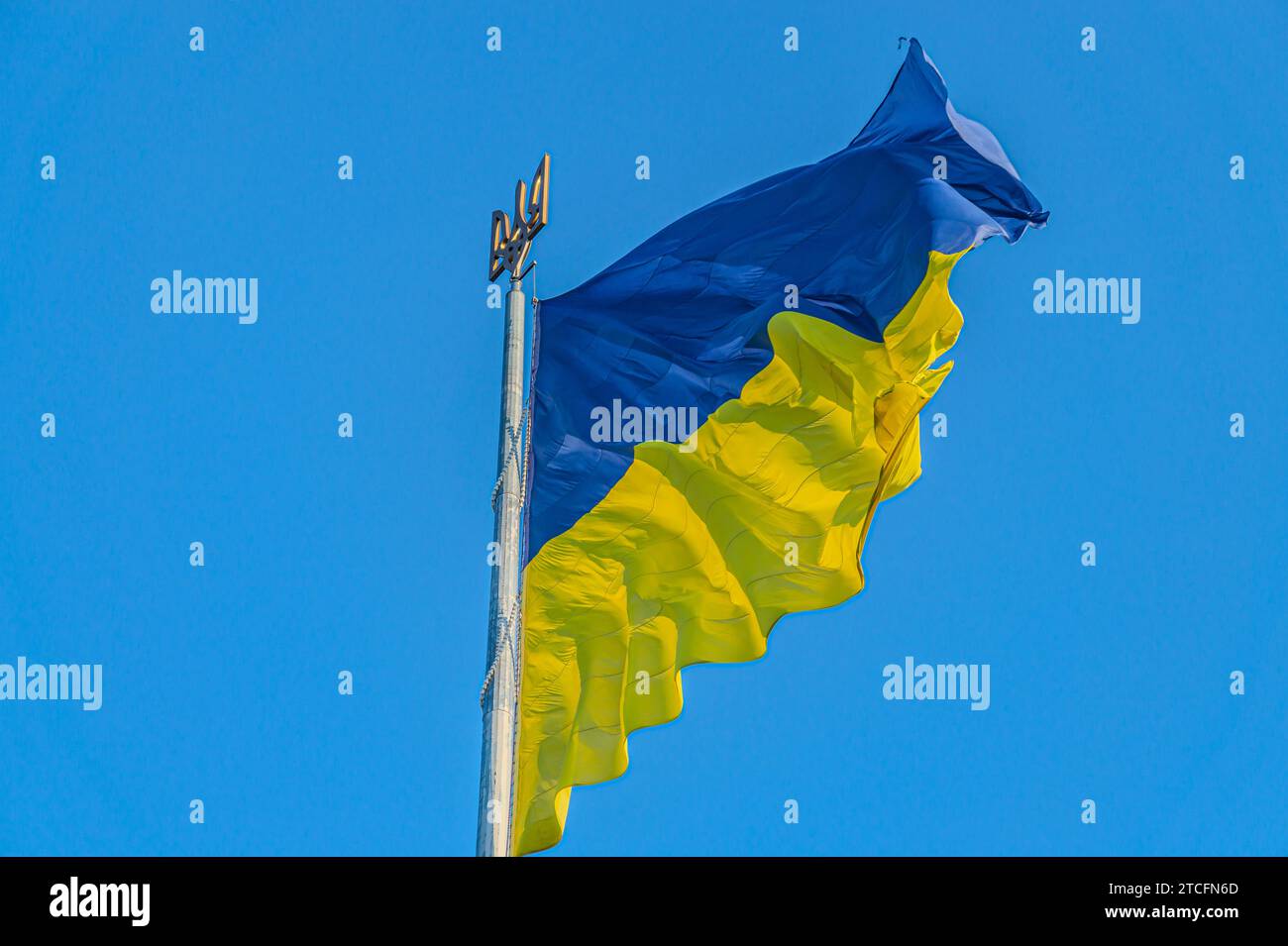 Emblem of Ukraine. Ukraine flag large national symbol fluttering in ...