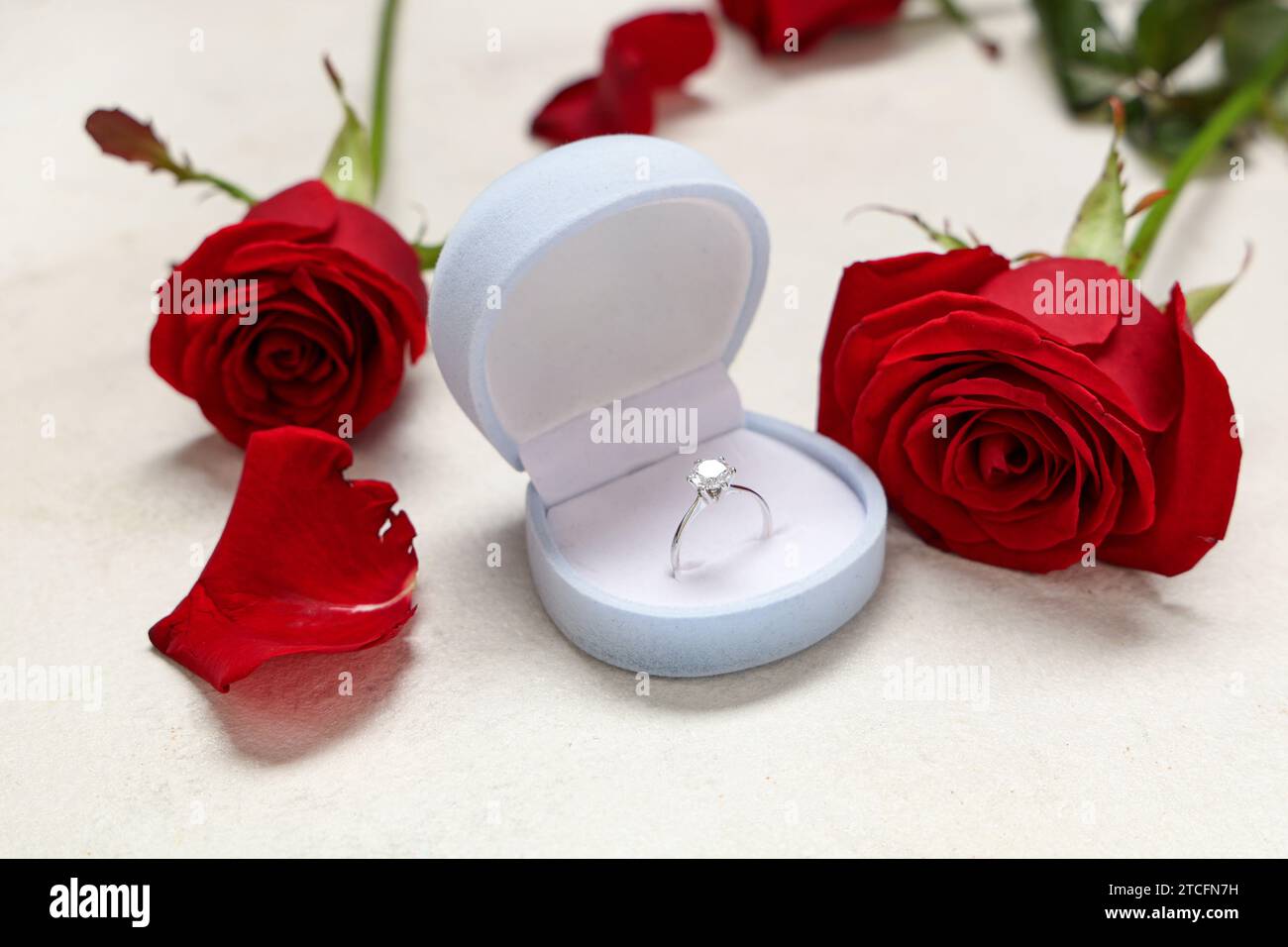 Beautiful engagement ring and rose flowers on white background ...