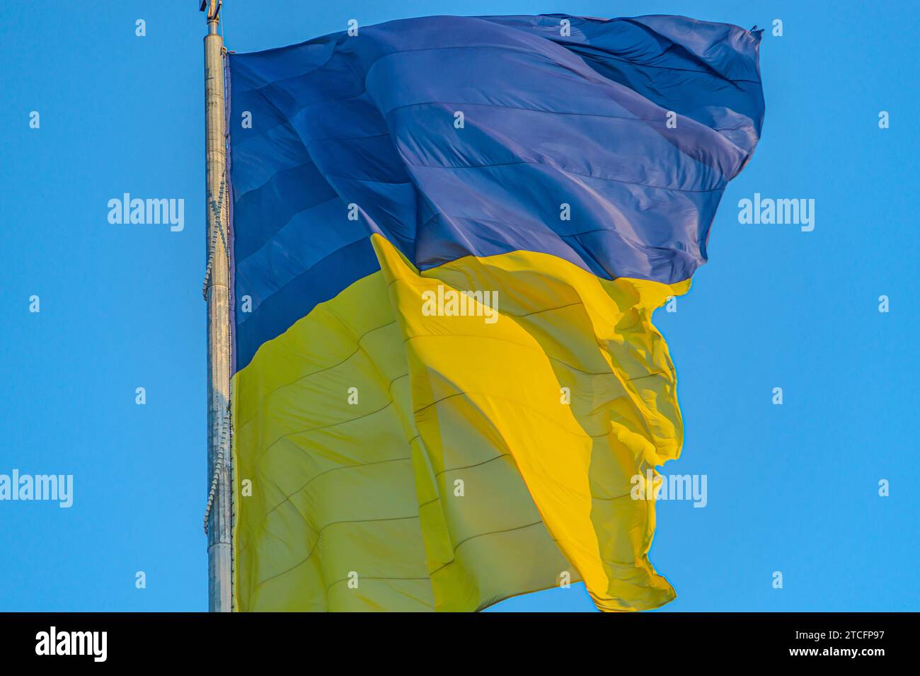 Emblem of Ukraine. Ukraine flag large national symbol fluttering in ...