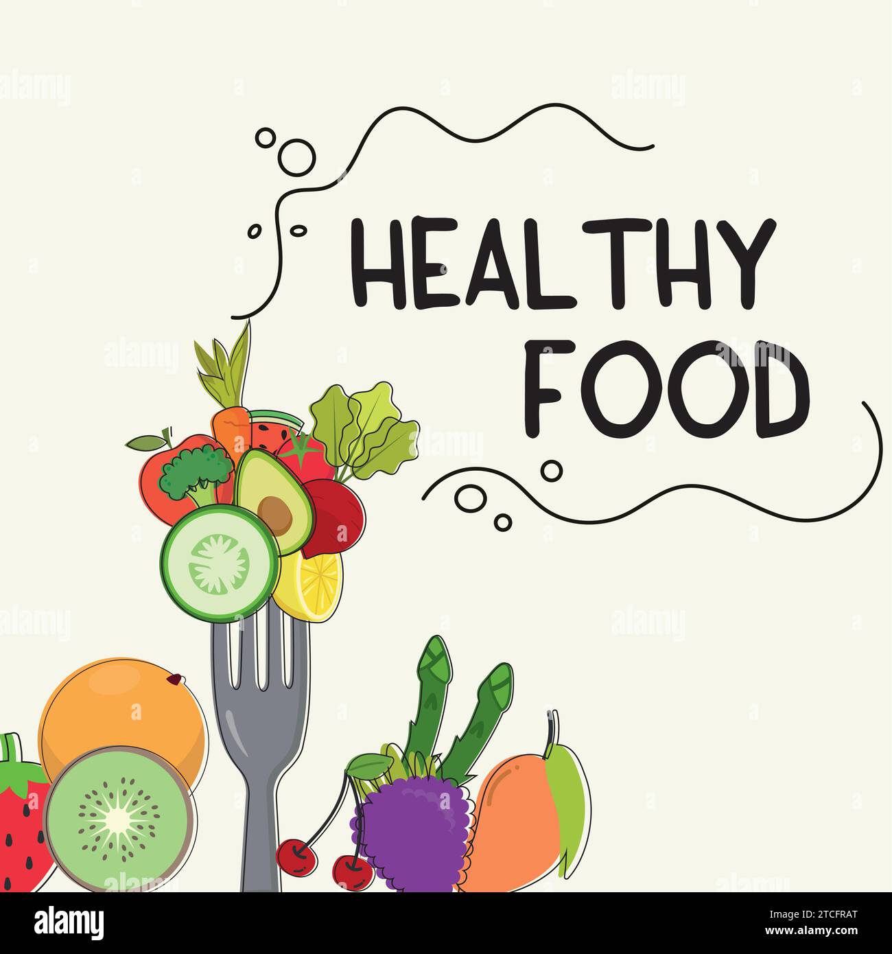 Fork with different vegetables and fruits Healthy food concept Vector ...
