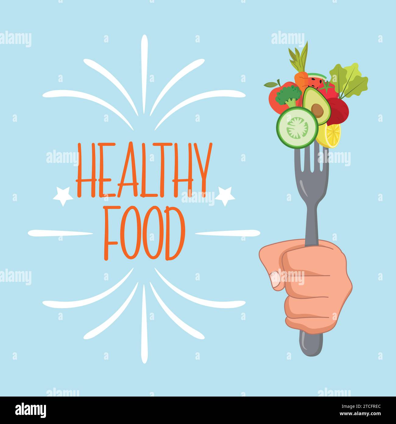 Hand holding a fork with vegetables and fruits Healthy food concept ...
