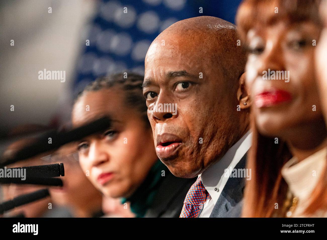 Mayor Eric Adams is present during a press conference at City Hall in ...