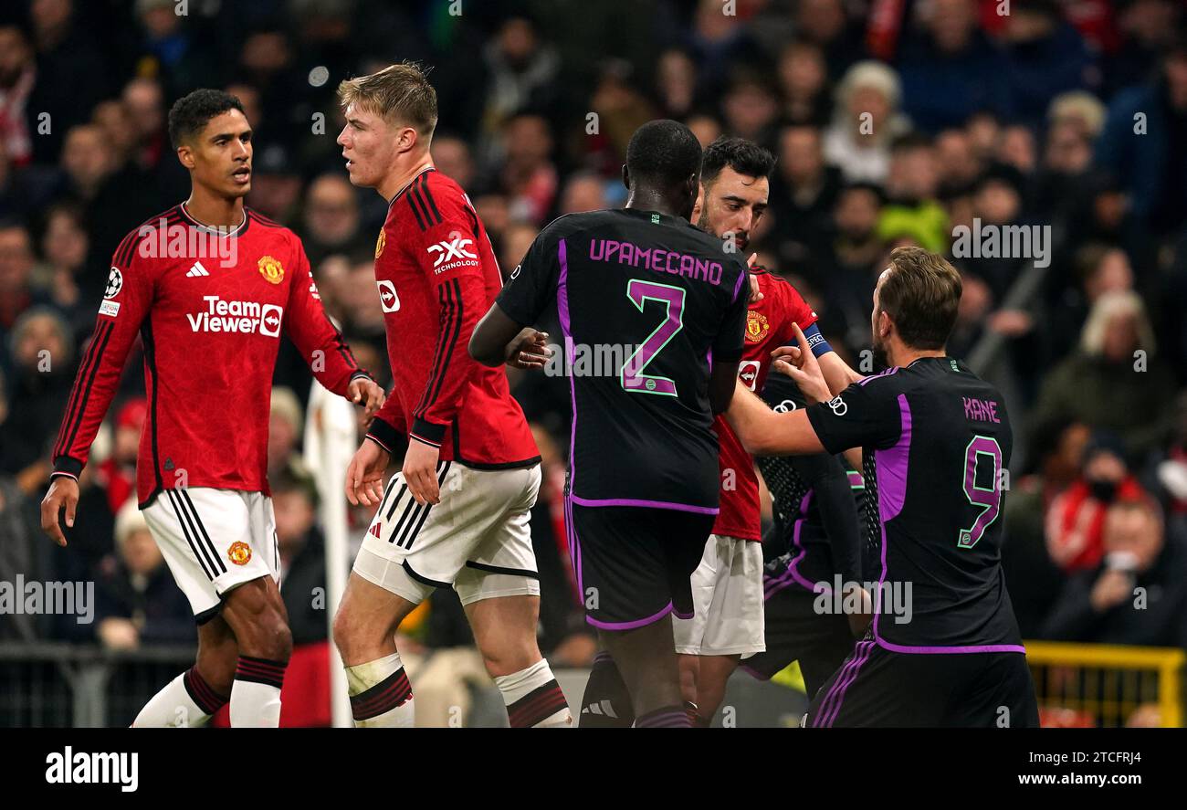 Tempers flare between Manchester United's Bruno Fernandes and Bayern Munich's Harry Kane during ...