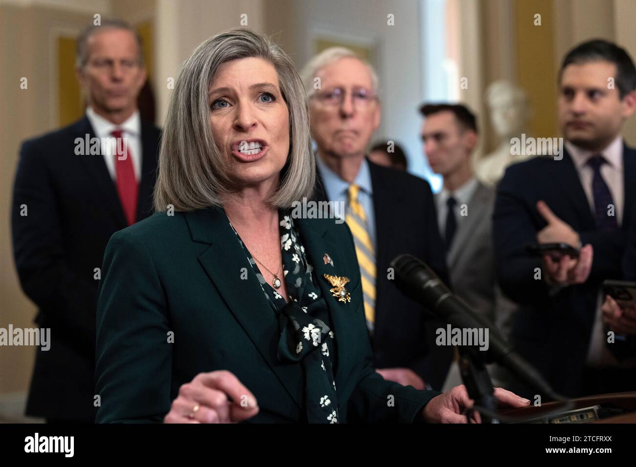 Sen. Joni Ernst, R-Iowa, speaks to reporters at the Capitol in ...