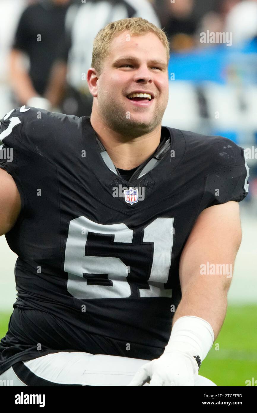 Las Vegas Raiders guard Jordan Meredith (61) warms up before an NFL ...