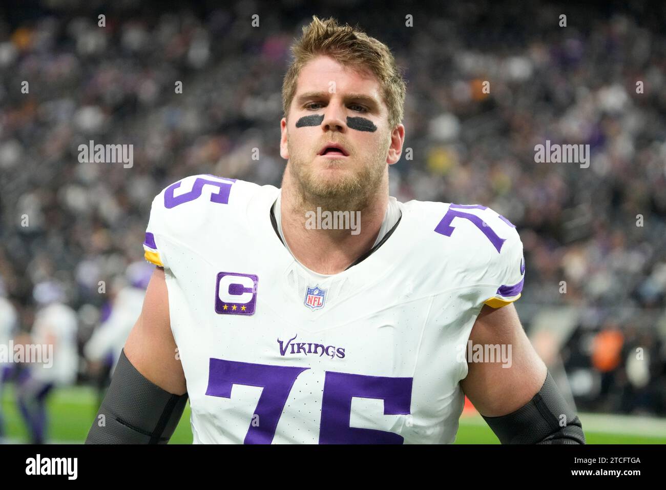 Minnesota Vikings offensive tackle Brian O'Neill (75) warms up before ...
