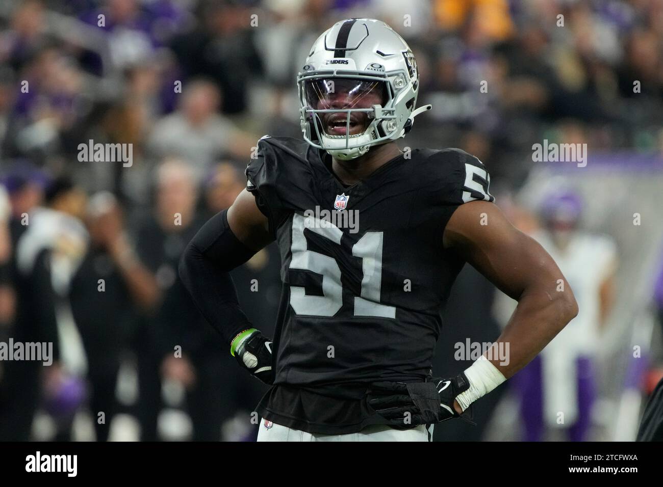 Las Vegas Raiders defensive end Malcolm Koonce (51) lines up against ...