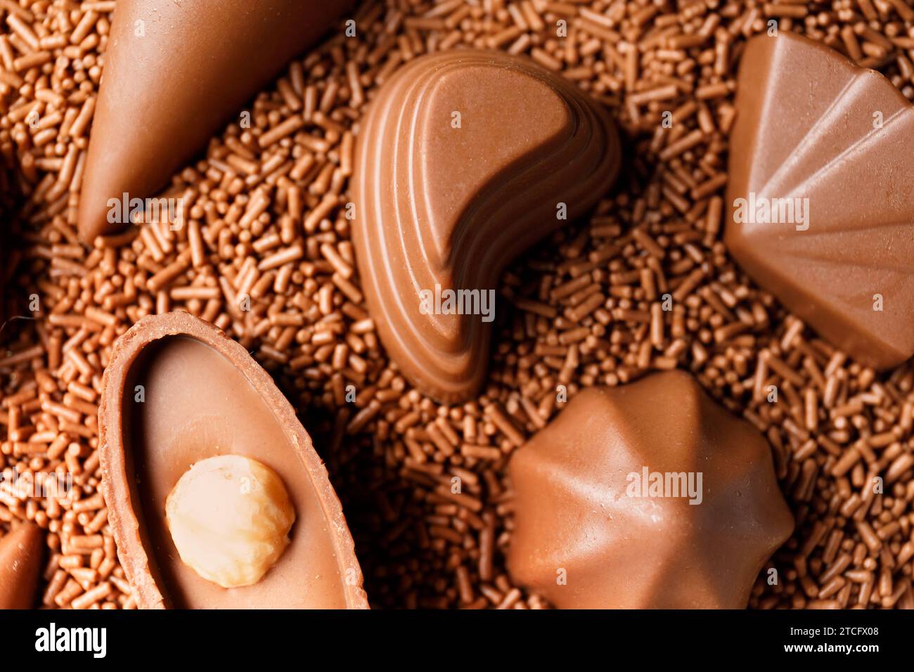 Beautifully shaped milk chocolate sweets dipped in chocolate chips close-up, chocolate candy ...