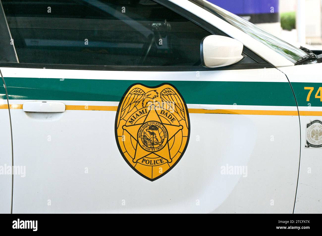 Miami, Florida, USA - 3 December 2023: Close up view of the badge on ...