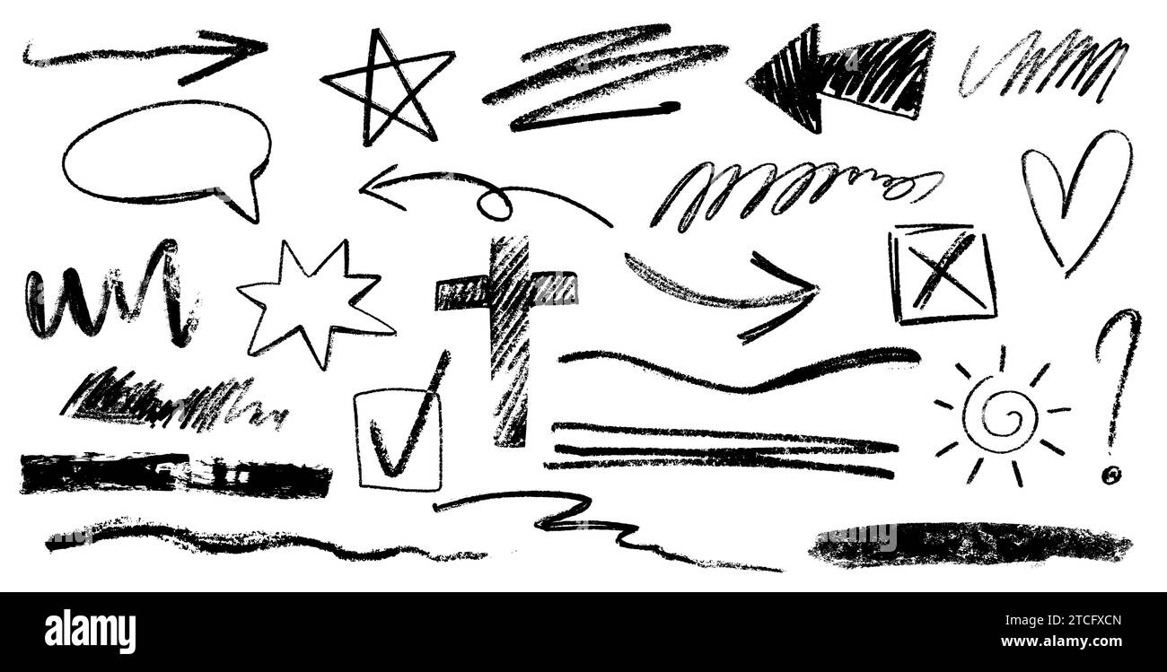 Hand drawn charcoal pencil rough line, symbol or scribble set ...