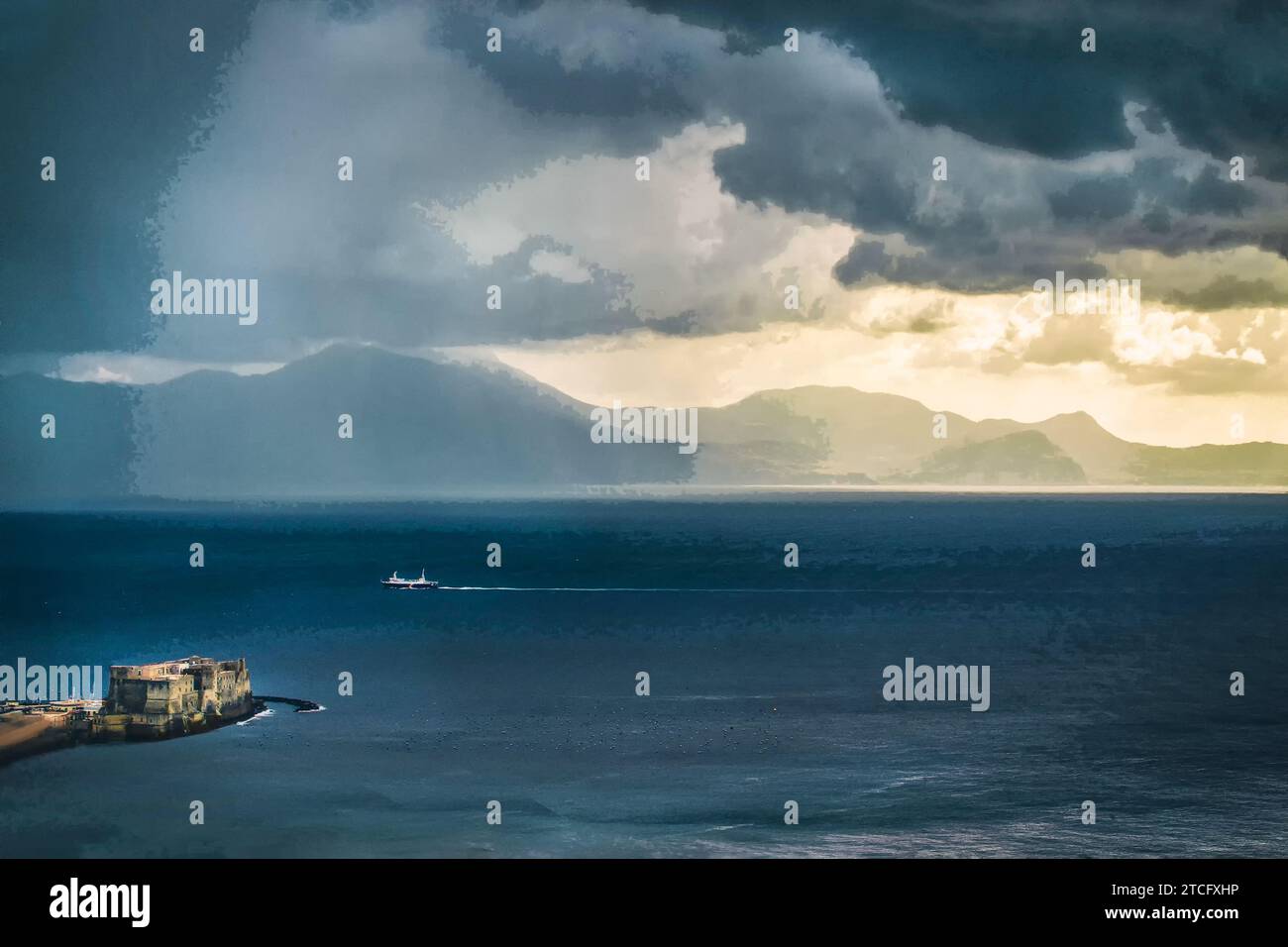 Amazing Ovo castle and ship in dangerous raging sea a nd dramatic sky ...