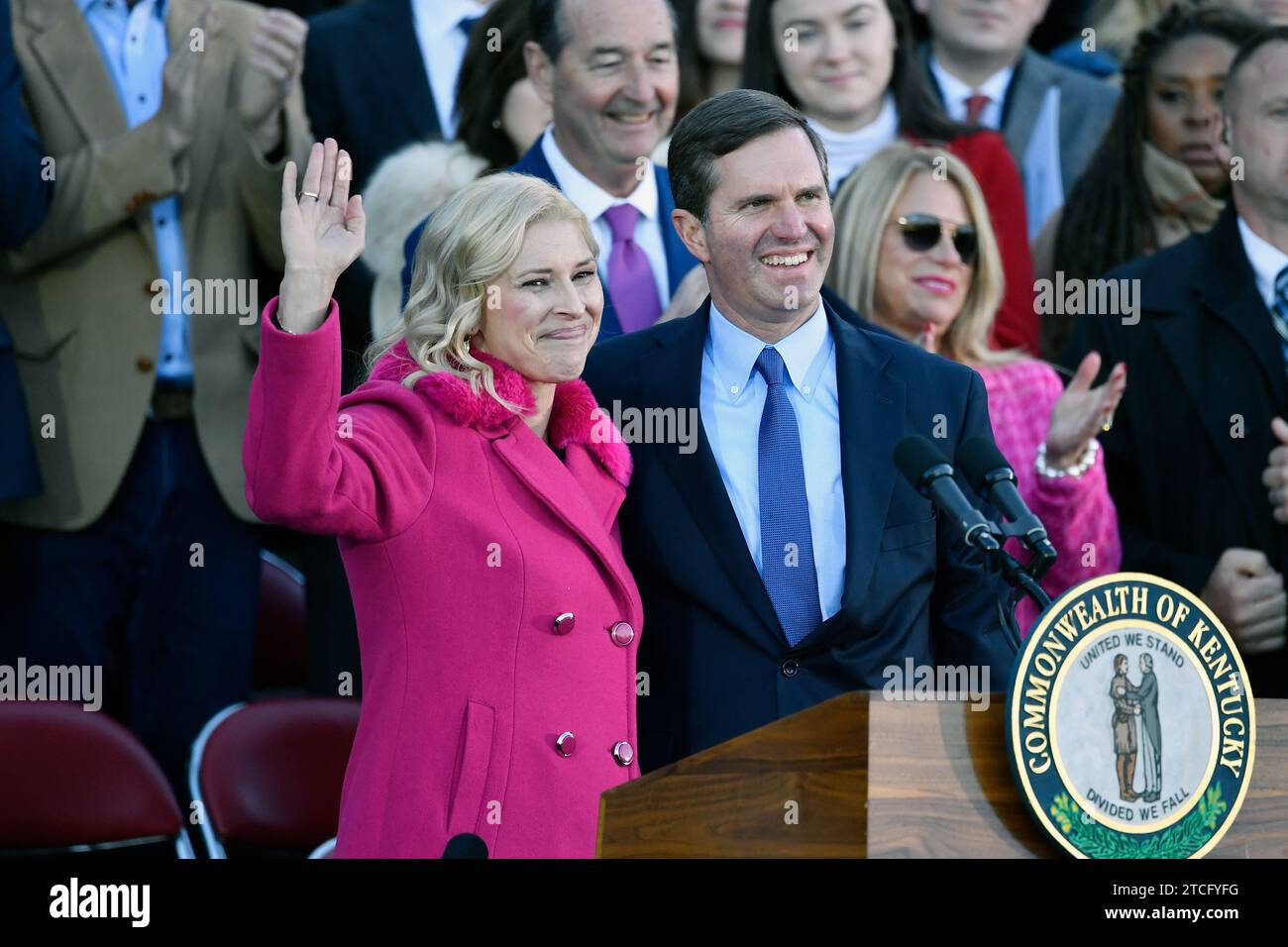 Kentucky Governor Andy Beshear, right, and his wife Britainy, wave to ...