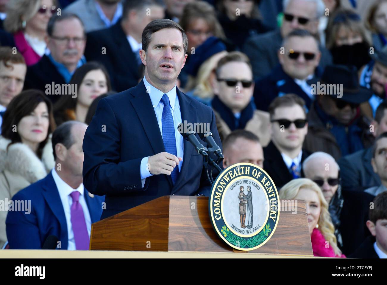 Kentucky Governor Andy Beshear speaks to the audience gathered to ...