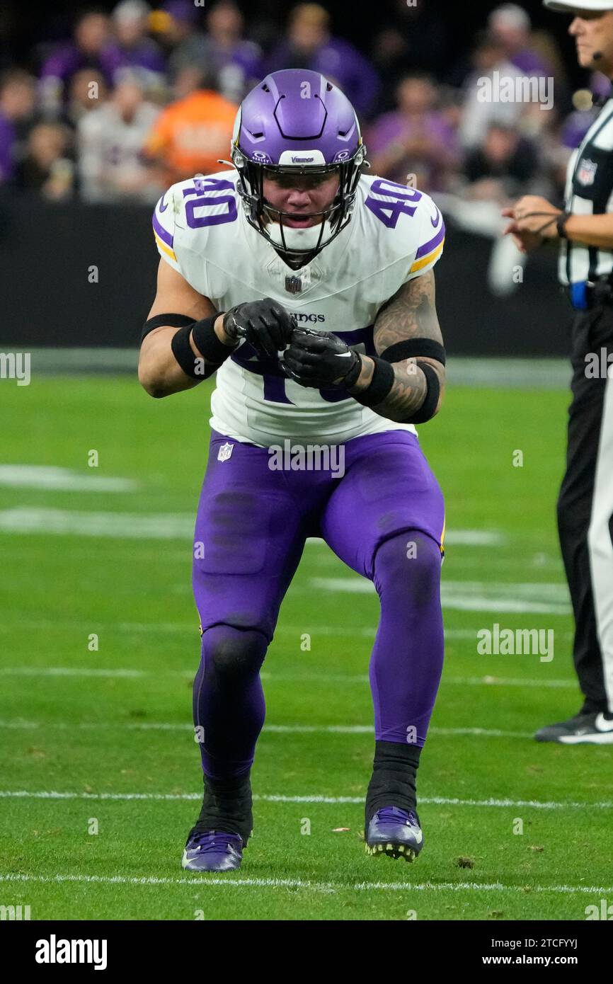 Minnesota Vikings linebacker Ivan Pace Jr. (40) lines up against the Las Vegas Raiders during ...