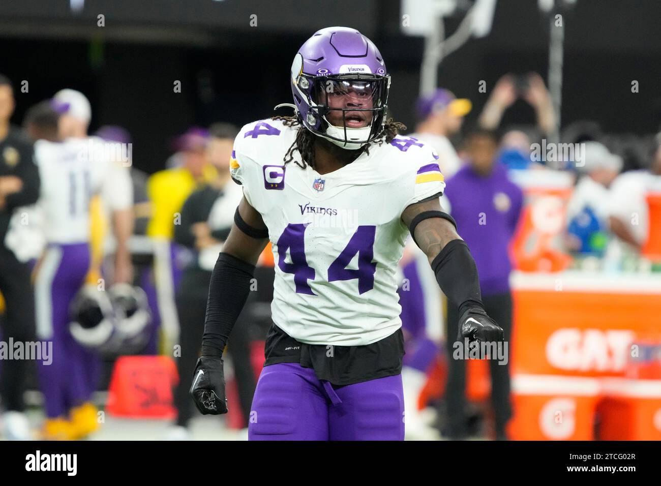 Minnesota Vikings safety Josh Metellus (44) lines up against the Las ...