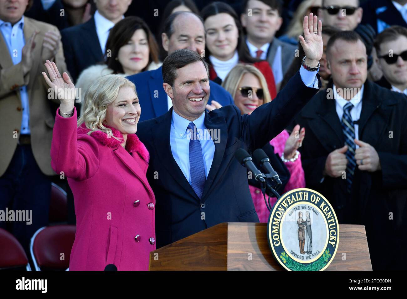 Kentucky Governor Andy Beshear, right, and his wife Britainy, wave to ...