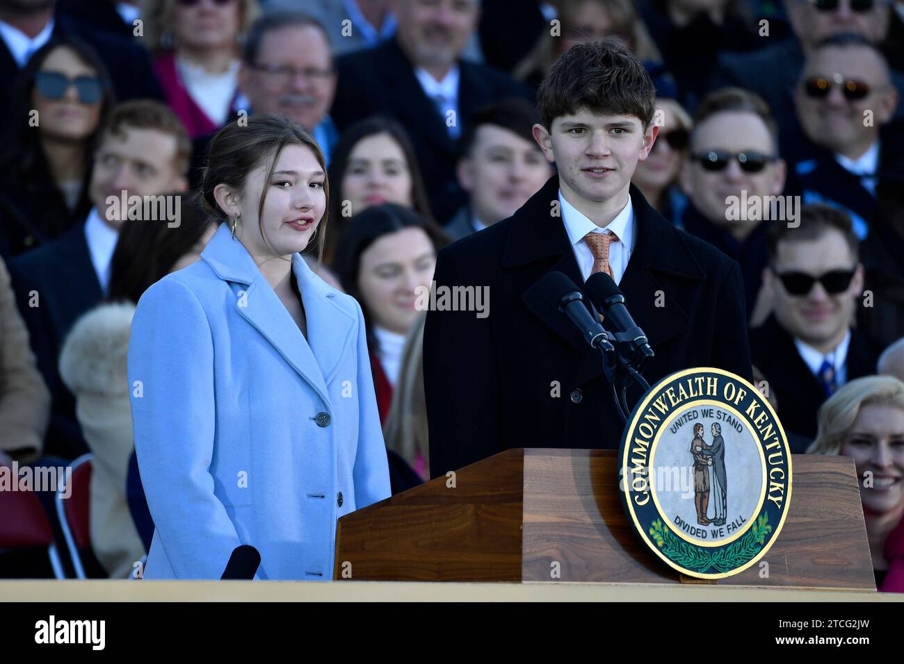 Lila Beshear, left, and her brother Will Beshear speak to the audience ...